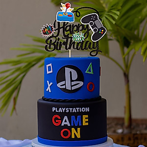 1 PCS Video Game Happy Birthday Cake Topper Glitter Video Game Cake Pick Game On Controllers GamePad Cake Decoration for Game Theme Baby Shower Kids Boys Girls Birthday Party Supplies Black