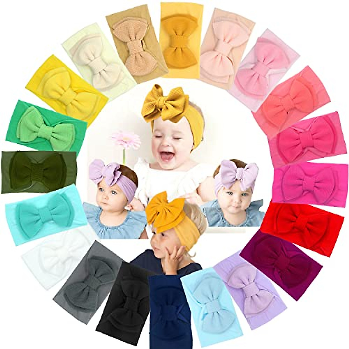 JOYOYO Baby Headbands, 20 Colors 4.5 inch Fabric Hair Bows and Wide Nylon Headbands for Newborns, Infants, Toddlers - Gift Set