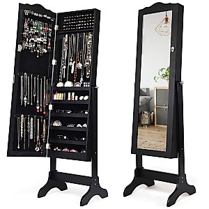 AUGESTER Lockable Mirrored Standing Jewelry Armoire Organizer, Large Storage Jewelry Cabinet w/Full Length Outside Mirror, 4 Angel Adjustable & Top Arc Design, 2-in-1 Jewelry Box Organizer (Black)