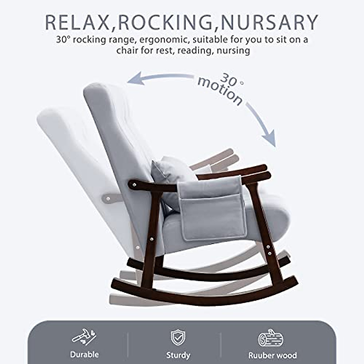 Prahalum Nursery Rocking Chairs Glider, Rocker Chair with High Back Tufted Design, Comfy Nursing Armchair for Mom, Side Pocket, Lumbar Pillow, Leathaire, Light Gray