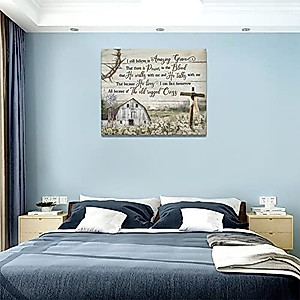 Christian Wall Decor Cross Old Barn Windmill Bathroom Pictures Canvas Print Amazing Grace Home Decorations For Living Room Kitchen Bathroom Bedroom Framed 20"x16"