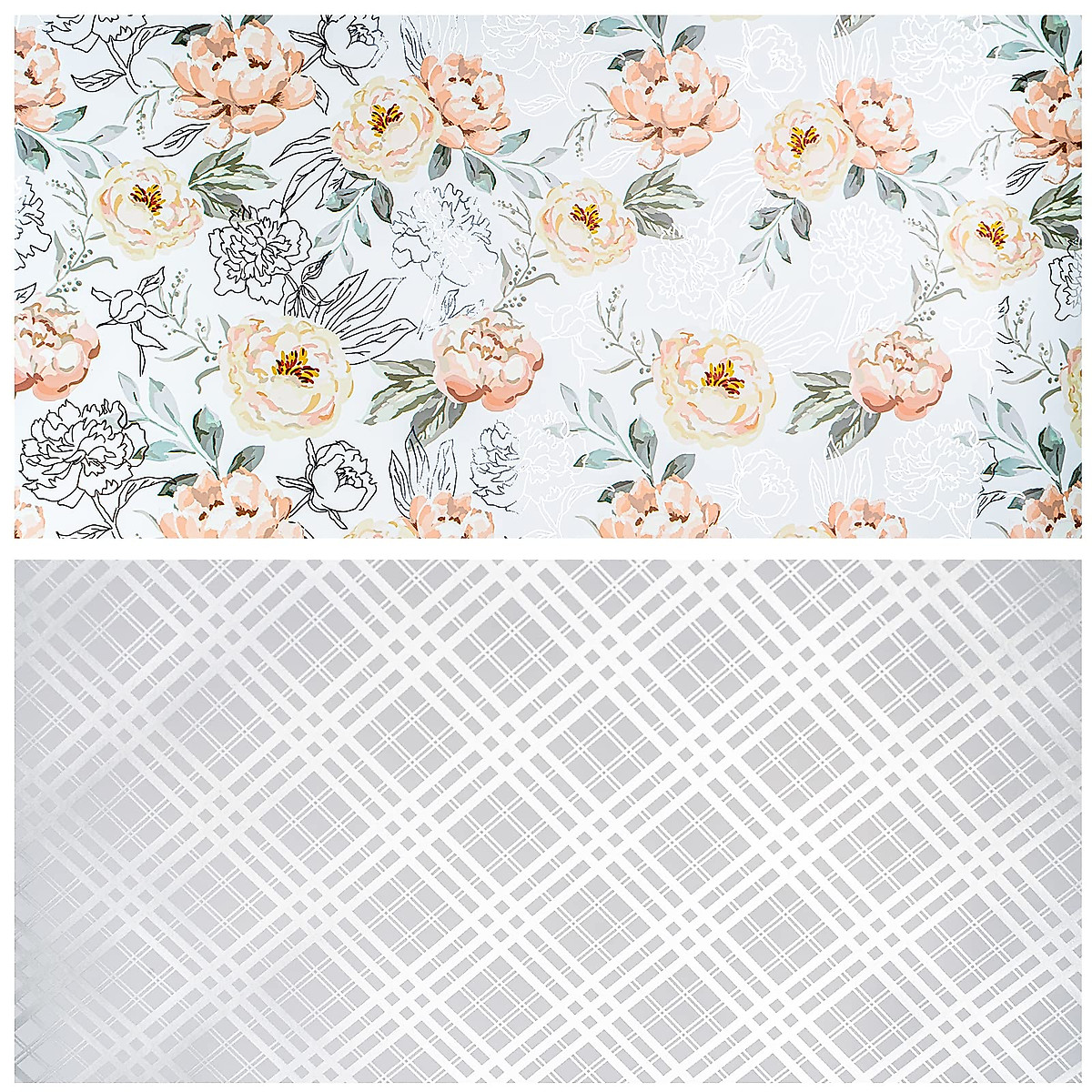 LeZakaa Reversible Silver Foil Wrapping Paper Roll - Silver Flower & Plaid Design for Wedding, Engagement, Bridal Shower, Anniversay, Mother's Day - 17 inches x 32.8 Feet