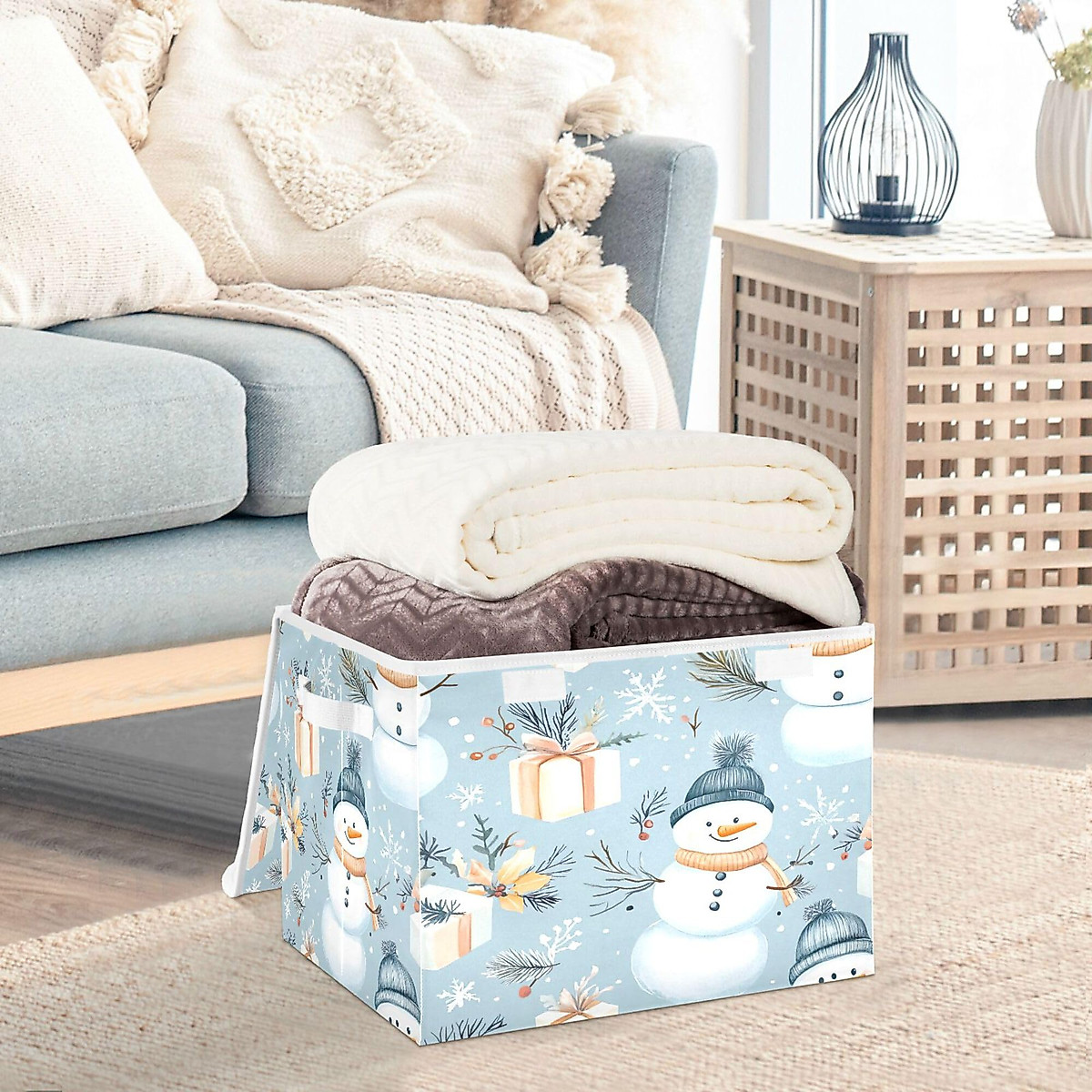 SEHANY Cute Christmas Snowman Closet Storage Bin with Lids and handles, Foldable Fabric Storage Baskets Organizer Large Cube Storage Boxes for Clothes Blanket Office Nursery, 16.5x12.6x11.8 in