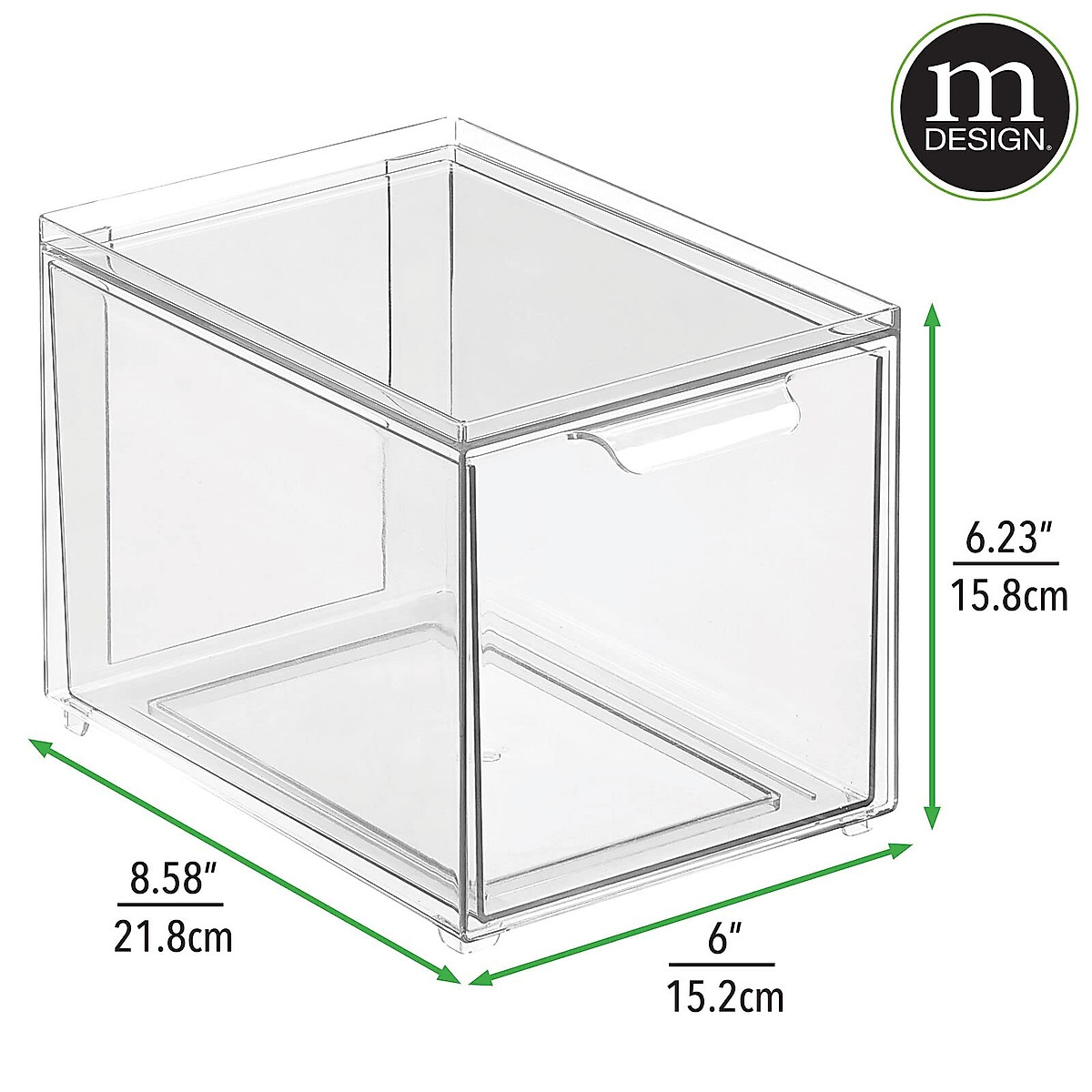 mDesign Plastic Pantry Organization and Storage Bin w/Pull Out Drawer - Slim Stackable Kitchen Supplies Storage Container for Organizing Cabinet, Fridge, Freezer - Lumiere Collection - 2 Pack - Clear