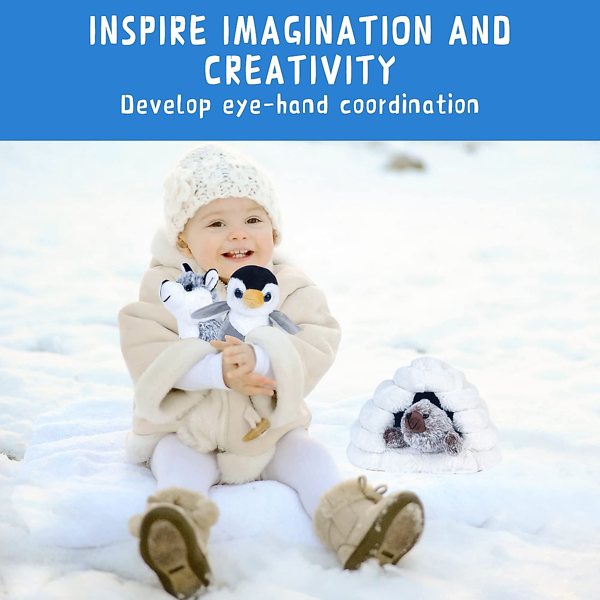 Nleio Stuffed Animals Set, 5 Piece Baby Stuffed Animals with Plush Igloo, Including Seal/Husky/Polar Bear/Penguin Stuffed Animal, Plush Toys Set Ideal Gift for Kids Babies Toddlers