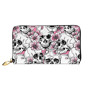 Thinye Wallet Women Pink Sakura and Skull Wallets Women Microfiber Leather Purse Zip Around Wallet for Women Card Holders Clutch