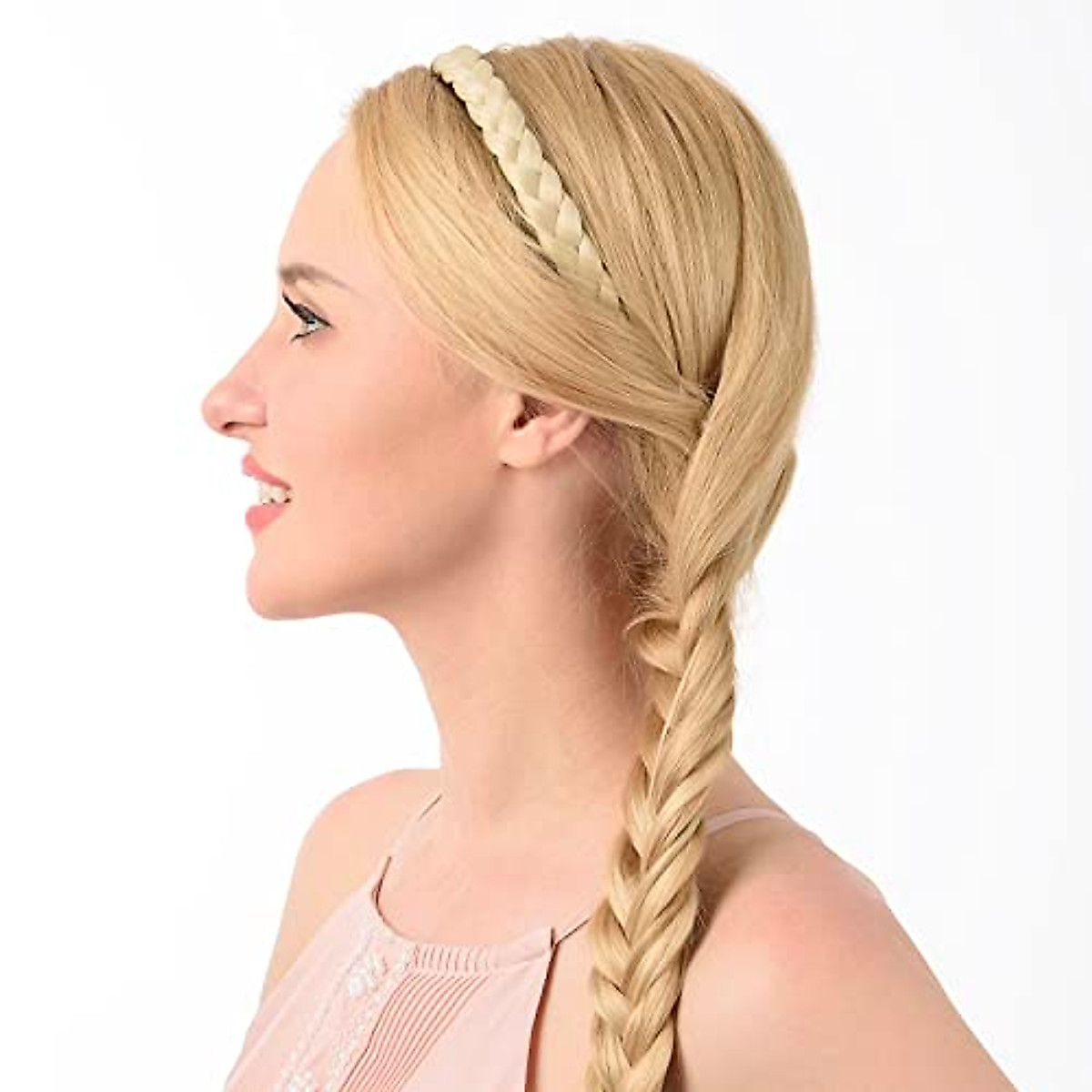 DIGUAN Headband Synthetic Hair Plaited Headband Braid Braided Without Teeth Hair Band Accessories for Women Girl Wide 0.6 Inch (Buttered Toast)