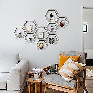 MRGL Hexagon Floating Shelves Set of 3, Wall Mounted Honeycomb Shelves Rustic White