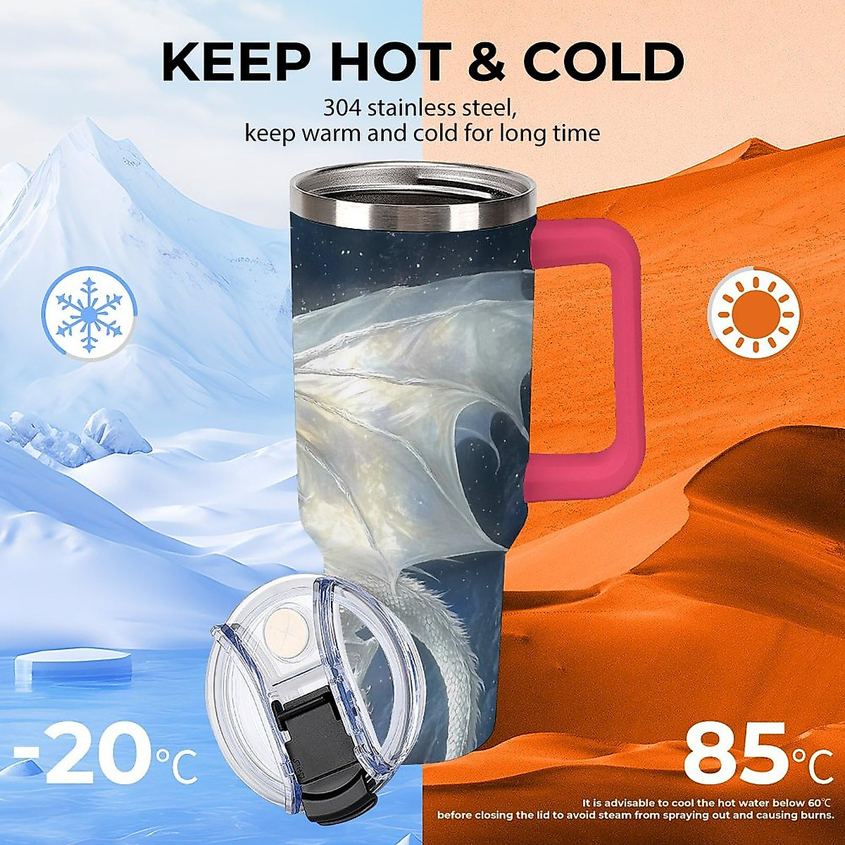 White Dragon Soaring Moon Moonlight 40oz Water Bottle Double Wall Insulated Tumbler with Handle Leakproof Travel Mug Light Rose Red-style