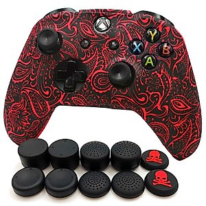 FOTTCZ Anti-Slip Soft Silicone Cover Skin Set for Microsoft Xbox One Controller which 1pcs Red Clover Controller Skin + 8pcs Thumb Grip Caps