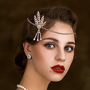 GORTIN 1920's Flapper Headband Leaf Rhiestones Headpiece Pearl Tassel Bride Wedding Headdress Head Bands Bridal Flapper Hair Accessories Head Chain for Women and Girls (Gold)