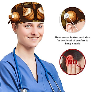 Happy Thanksgiving Acorns Bouffant Working Cap with Ribbon Tie for Women Long Hair, Scrub Surgical Hat, One Size Head Cover