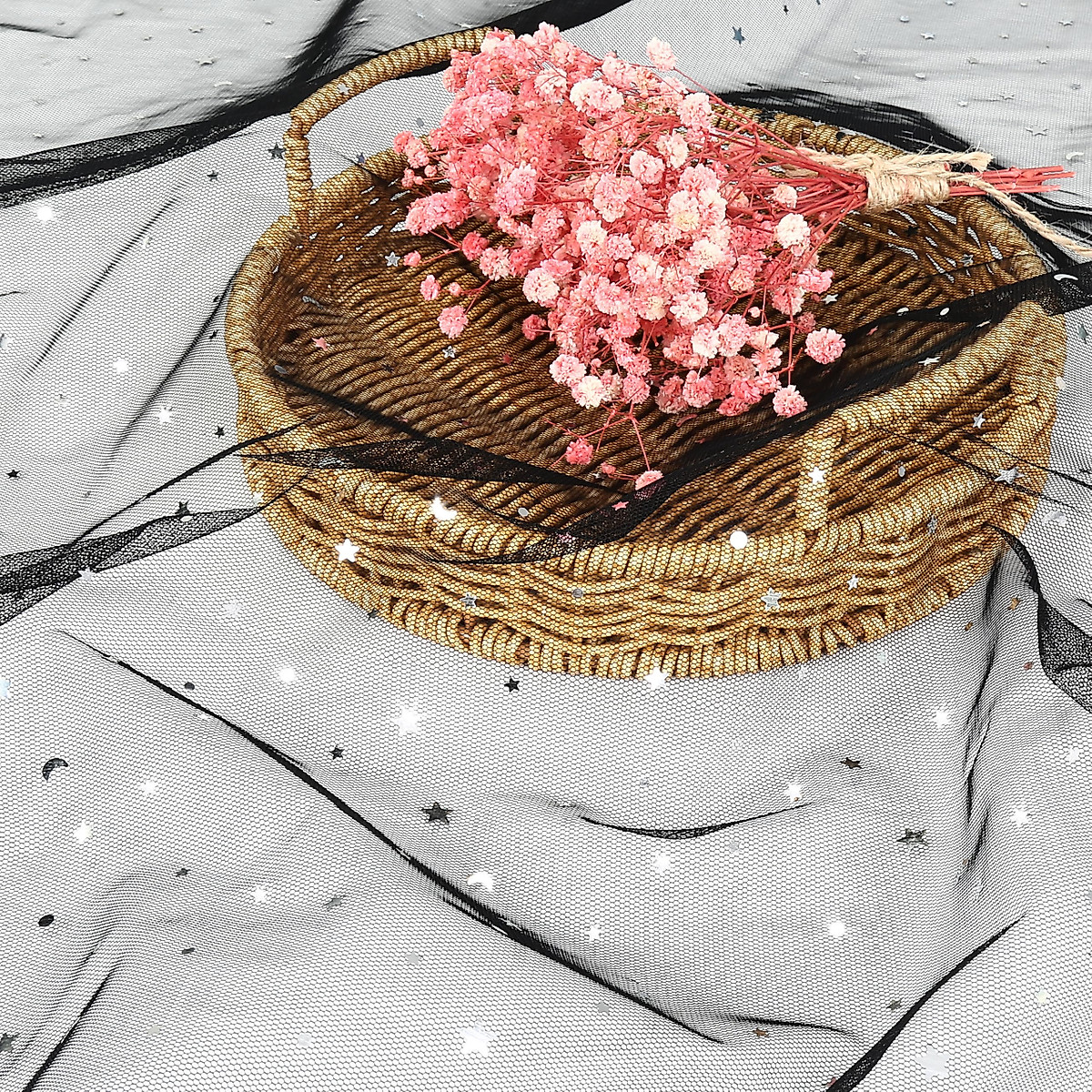 Homiest Glitter Tulle Fabric Rolls with Star Moon Sequin, 1 Yard x 54 Inch Wide Tulle Bolt Black Tulle Rolls Bulk, Tulle Netting Fabric for Tutu Skirt Bridal Veil Wedding Arch Party Decorations