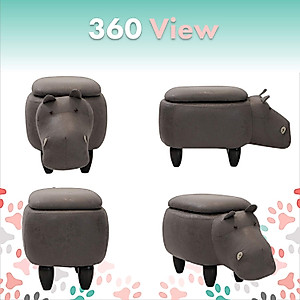 Critter Sitters 15-In. Seat Height Dark Gray Hippo Animal Shape Storage Ottoman, Kids Furniture for Nursery, Bedroom, Playroom, and Living Room Decor, Multifunctional Cushioned Step Stool