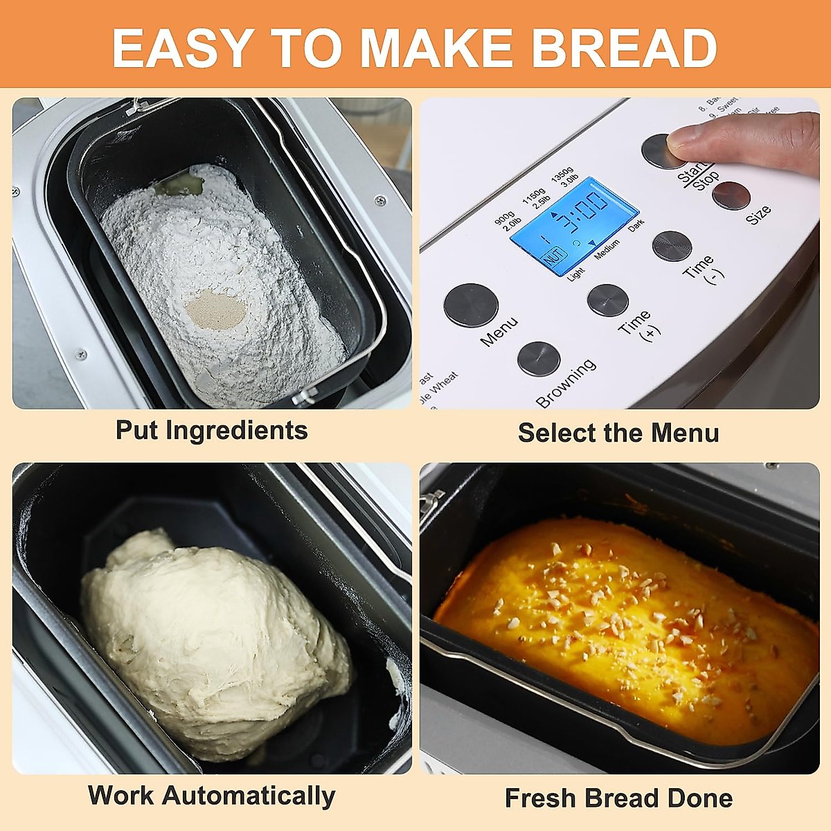Patioer Bread Maker Machine with Gluten Free Setting 3LB 2.5LB 2LB Automatic Loaf Bread Machine with Fruit & Nut Dispenser 14-in-1 Breadmaker Dual Paddle Programmable 3 Crust Colors, White