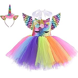 Suppromo Unicorn Costume for Girls Halloween Rainbow Tutu Dress for Princess Girls Birthday Party Outfit for Toddler Baby 4-6 Years with Headband