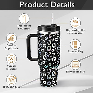 Ochapa 40 oz Tumbler with Handle Leopard Straw Lid Insulated Stainless Steel Vacuum Reusable Cup Holder Friendly Keep Drinks Cold Gifts for Women Lover Car Gym Travel, Black Cheetah