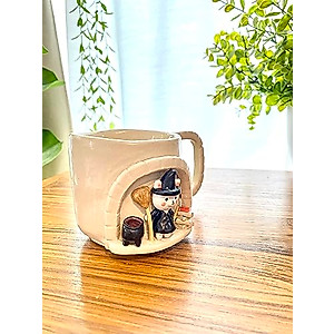 Witch cat and the cauldron. wizard world, magic white Handmade ceramic cup, Hand-painted mug, Unique Surprise gift for Christmas or Birthday. Dishwasher and Microwave safe