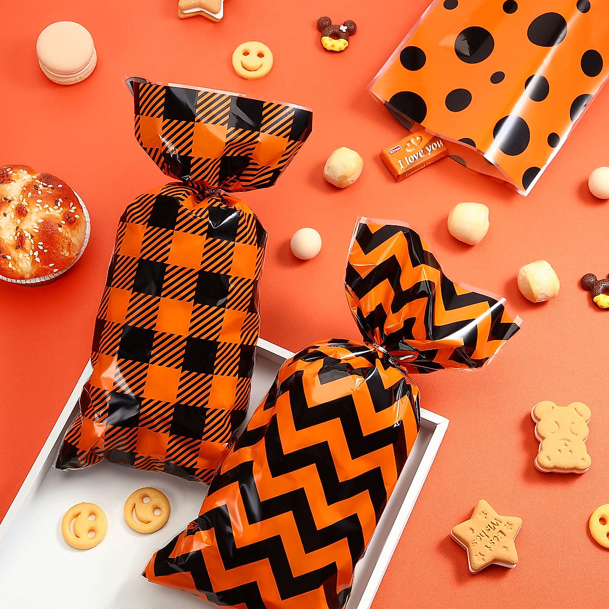 120 Pieces Halloween Cellophane Candy Bags Buffalo Polka Dot Stripes Prints Plastic Goodie Treat Favor Bags with 200 Twist Ties for Winter Holiday Birthday Baby Shower Party Supplies