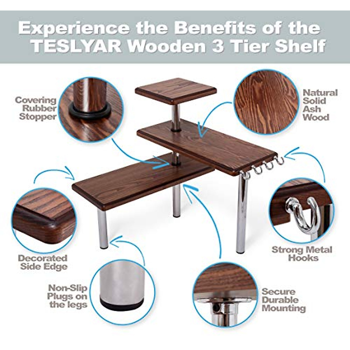 TESLYAR 3 Tier Corner Shelf Natural Solid Ash Wood Countertop Organizer Bookshelf Display Shelves Space Saving Rack for Living Room, Kitchen, Office