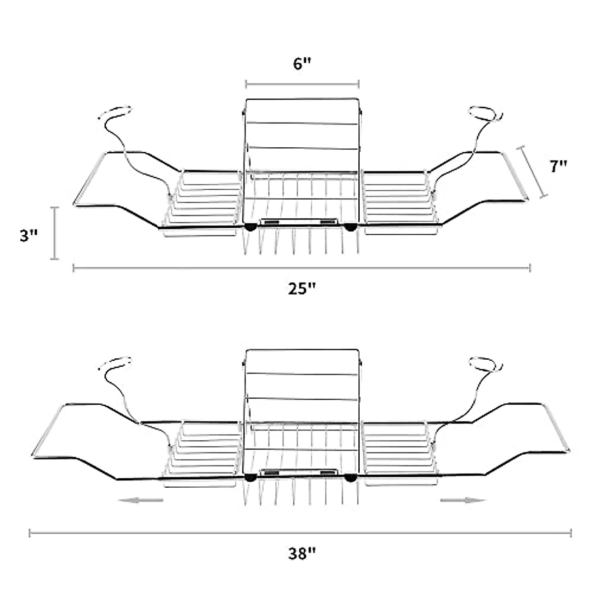 BDL Stainless Steel Bathtub Caddy Tray, Expandable Bath tub Table Shelf Bath Organizer with Reading Pad Rack or Tablet Holder, Candle Holder and Including Two Wine Glass Holders (Silver)