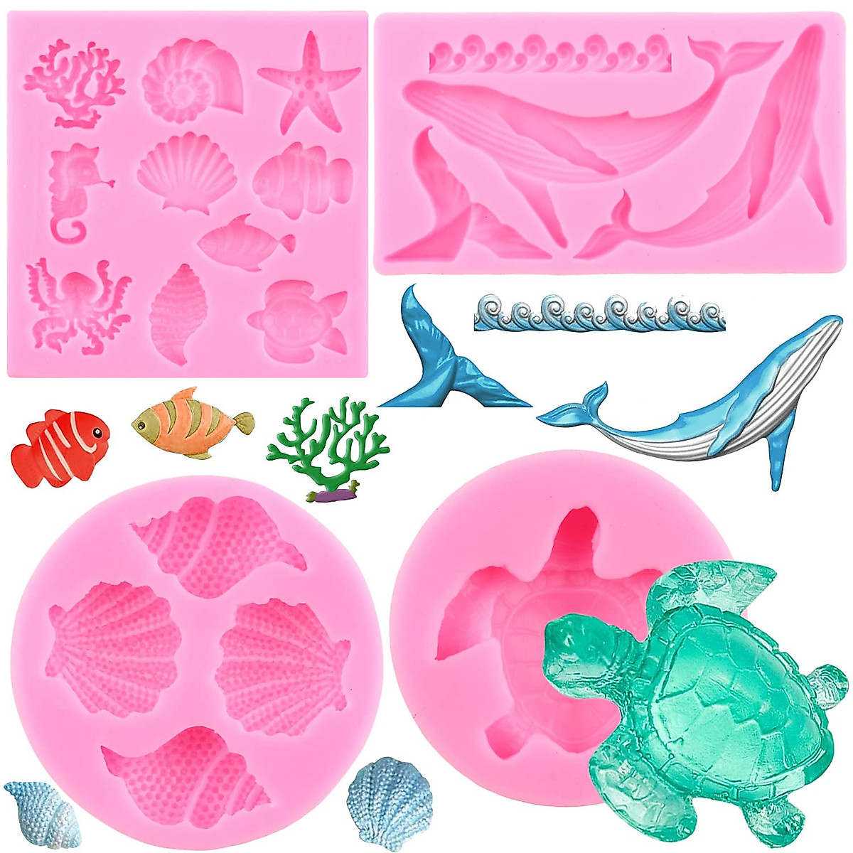 LKDQUTHM Marine Theme Fondant Silicone Molds Seashell Conch Starfish Dolphin Octopus Turtle Chocolate Candy Mold For Cupcake Topper Cake Decorating Gum Paste Polymer Clay Set Of 4