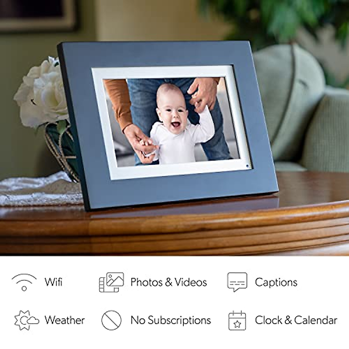 Simply Smart Home Photoshare 8” WiFi Digital Picture Frame, Send Pics from Phone to Frames, 8 GB, Holds 5,000+ Photos, HD Touchscreen, Black Wood Frame, Easy Setup, No Fees