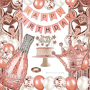 Rose Gold Party Decorations Set,Happy Birthday Confetti Balloons with DIY Cake Topper, Banner, Fringe Curtain,Champagne Foil Balloons,Star Heart Foil Balloons,Crown Balloons for Birthday Supplies