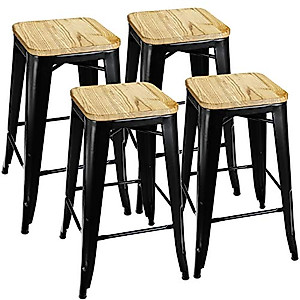 ZENY Set of 8 Metal Bar Stools 26" Counter Height with Wooden Seat Stackable Indoor/Outdoor Barstools, 330 lbs Capacity