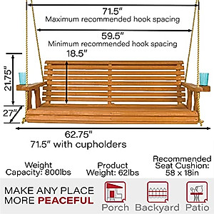 Amish Casual Heavy Duty 800 Lb Roll Back Treated Porch Swing with Hanging Ropes and Cupholders (5 Foot, Cedar Stain)
