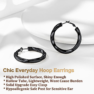 Bestyle 40mm Medium Black Twisted Hoop Earrings for Gilrs, Daliy Wear Minimalism Jewelry, Gift for Mom Mother Wife Daughter Girlfriends