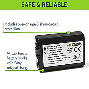 Wasabi Power NP-FW50 Camera Battery (2-Pack) for Sony ZV-E10, Alpha a5100, a6000, a6300, a6400, a6500, Alpha a7, a7 II, a7R, a7R II, a7S, a7S II, Cyber-Shot DSC-RX10 II, RX10 III, RX10 IV and More