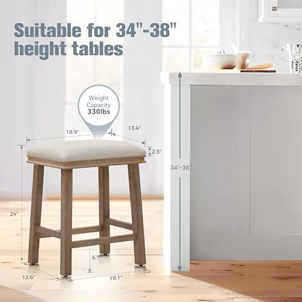 Erste!Bravo White Solid Wood Bar Stools Set of 2 for Kitchen Counter Counter Height Coastal Barstools with Faux Leather Farmhouse Upholstered Stools for 34"-38" Island, Creamy White Cushion, Wood Legs