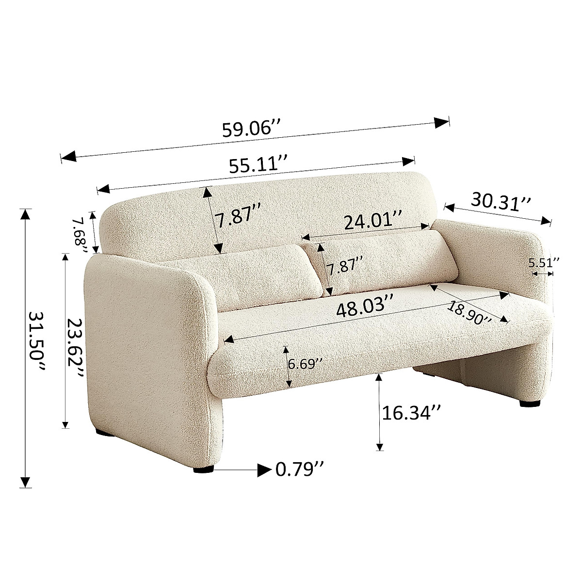 VASOENY 59.06'' Loveseat Sofa, 2 Seater Sherpa Lamb Fabric Love Seat Couch, Comfy Upholstered Modern Leisure Loveseat Couches with 2 Waist Pillow for Bedroom, Office, Living Room