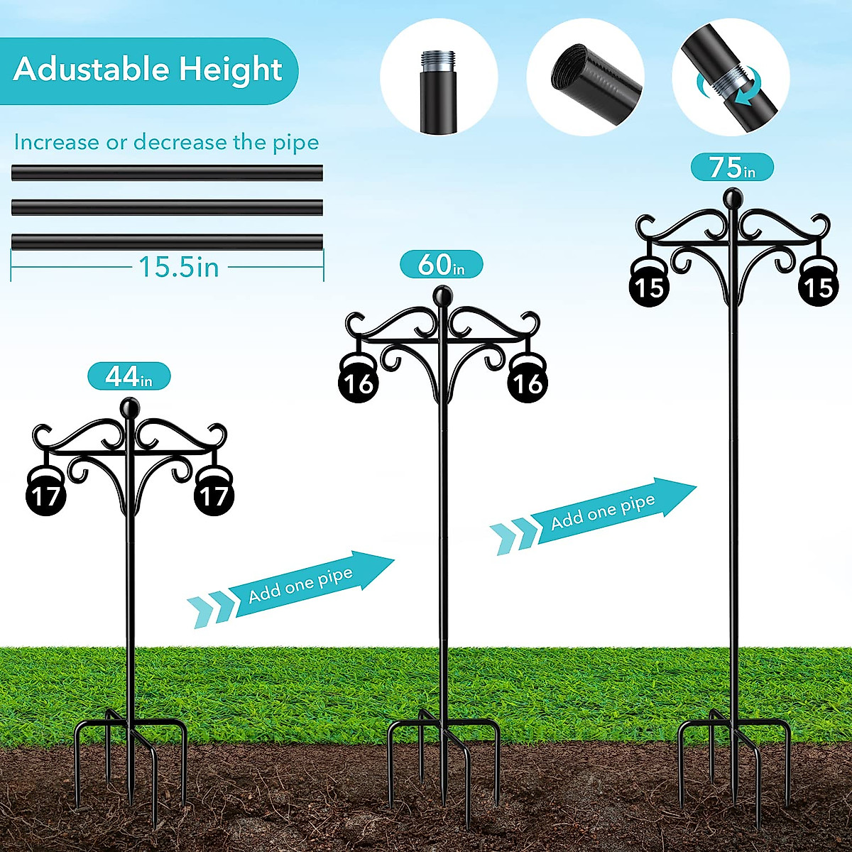 Keten Shepherds Hooks for Outdoor, 75” Double Bird Feeder Poles with 5 Prongs, Adjustable Outdoor Plant Hanger Hooks for Bird Feeder, Plant Baskets, Lanterns, Wedding Decor(2 Pack)