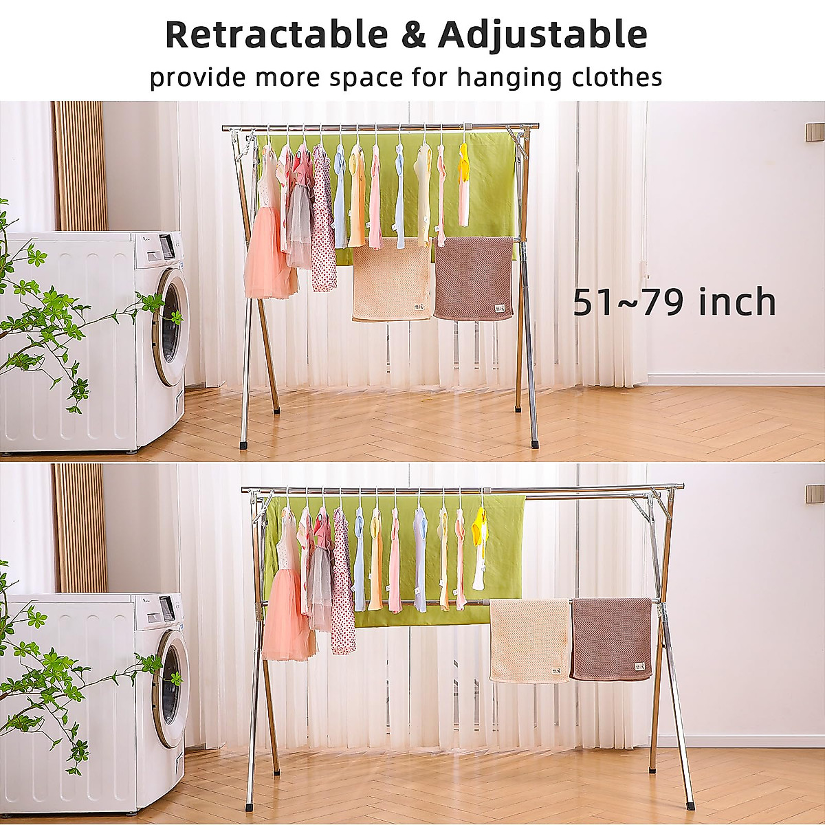 funest Clothes Drying Rack, 79 Inches Adjustable & Foldable Laundry Drying Rack, Heavy Duty Stainless Steel Drying Rack Clothing with 20 Hooks, 12 Clips, Suitable for Indoor, Outdoor and Balcony