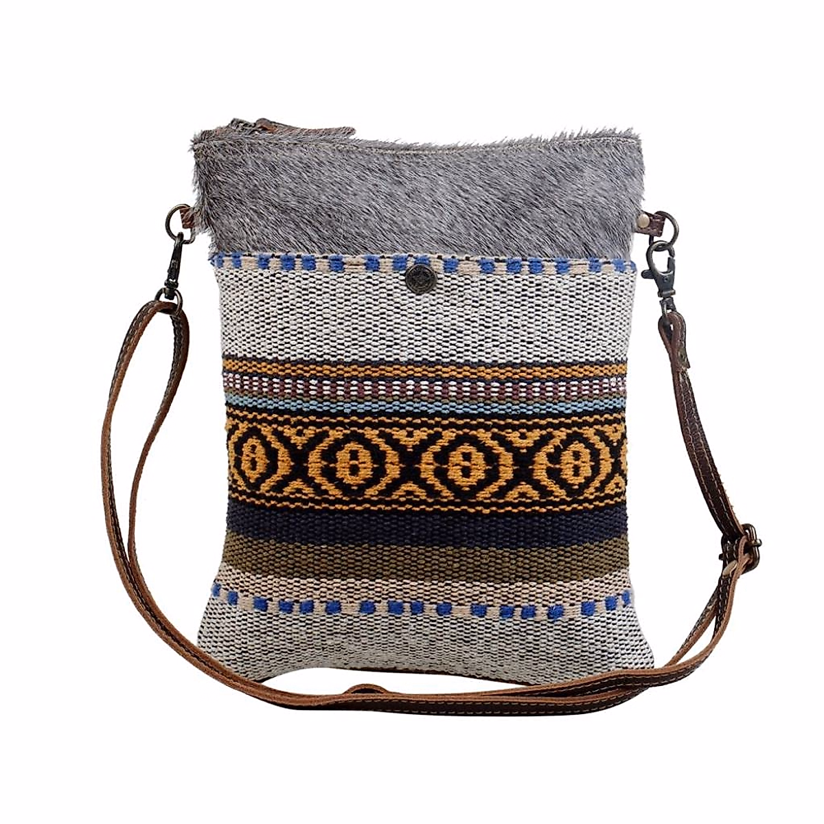 Myra Bag Tribal Pattern Small & Crossbody Bag Upcycled Cotton & Hair Leather S-2880