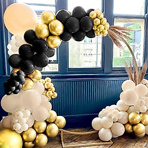 RUBFAC Black Gold Boho Balloon Garland Arch Kit, 142pcs Metallic Gold, Sand White and Black Balloon Arch Kit for Graduation, Birthday and Anniversary Party Decorations