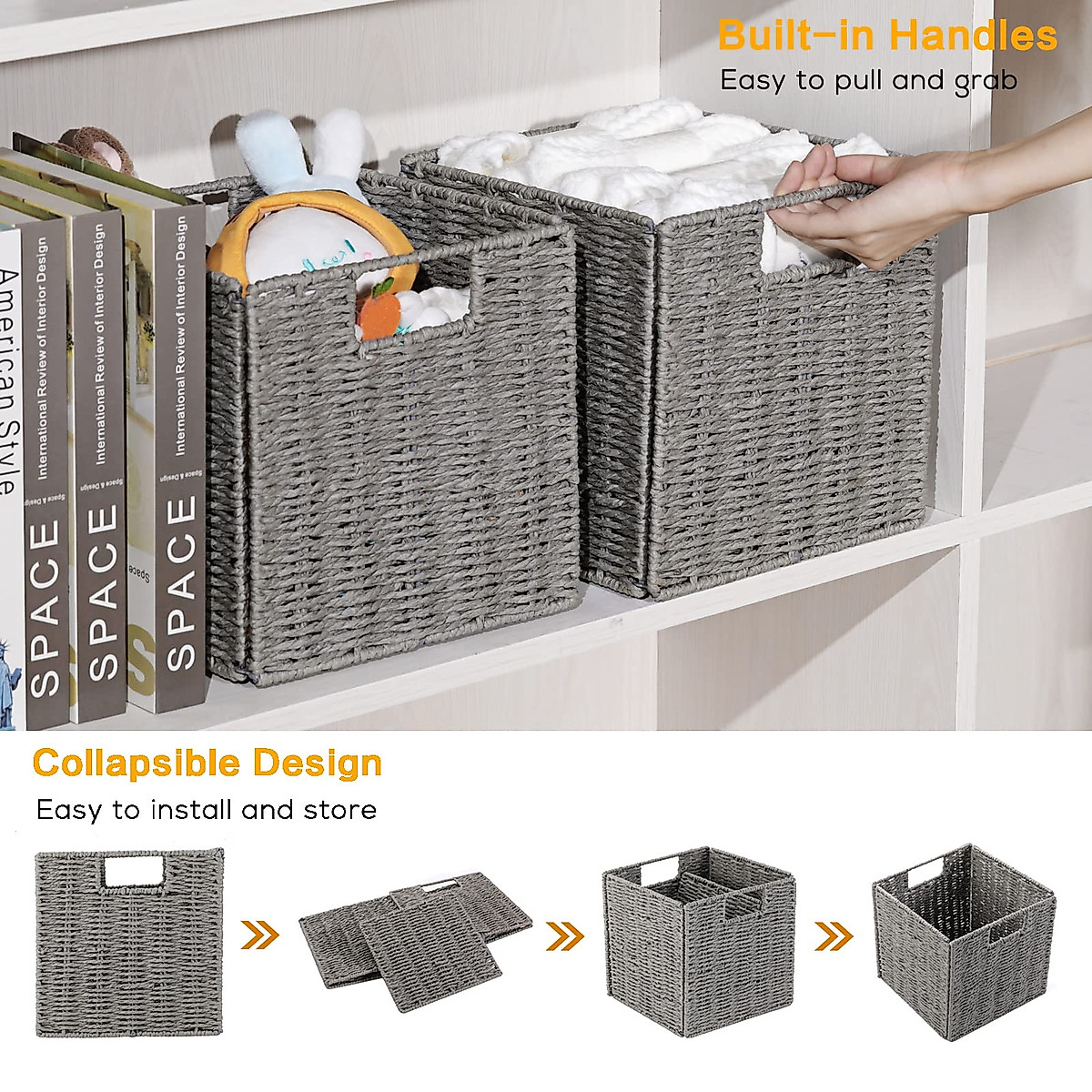 Vagusicc Wicker Baskets for Storage, Wicker Baskets for Shelves, Set of 4 Hand-Woven Round Paper Rope Storage Baskets Wicker Baskets for Organizing Storage Bins, Grey