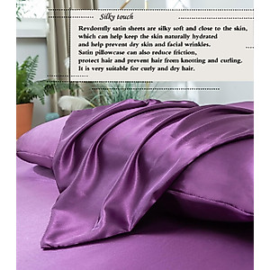 Revdomfly 4 Pcs Full Size Luxury Silky Soft Purple Satin Sheet Set,1 Premium Moisture Wicking Fitted Sheet Fits Up to 16 Inches Deep Pocket + 1 Flat Sheet + 2 Pillowcases（Purple, Full）
