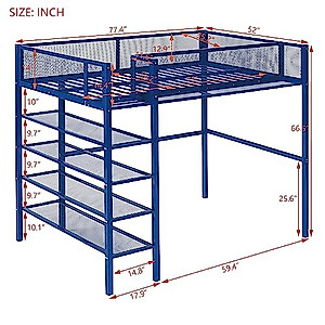 Twin Size Loft Bed, Metal High Loft Bed Frame with 4-Tier Open Shelves, Guardrail Side Storage Shelf and Mesh Guardrails, Versatility Bed for Kids Adults, Bedroom Furniture Storage Bed (Blue Bed)