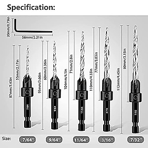 Yakamoz 5Pcs Taper Drill Countersink Set 1/4" Hex Shank Countersinks with Tapered Point Pilot Drill Bits for Woodworking