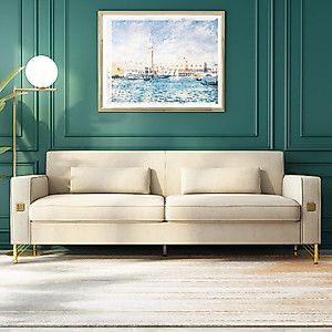 ANTTYBALE 85.63" Velvet Sofa,Modern Loveseat Couch with Pillows Set of 2 for Living Room,Bedroom,Apartment Furniture with Gold Metal Legs (Beige)