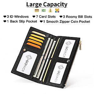 GOIACII Slim Wallet for Women Rfid Blocking Credit Card Holder with Zip Pocket Bifold Leather Black
