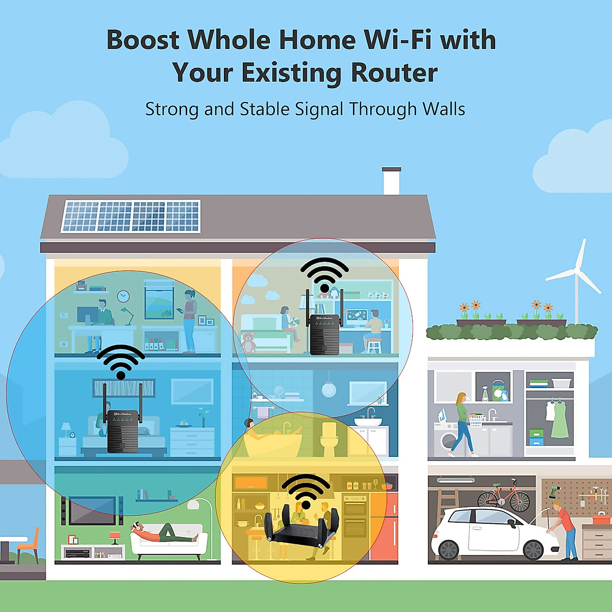 Blueshadow WiFi Extender, Dual Band WiFi Repeater Connects 20 Devices Wall Through Strong AC1200 WiFi Extender Booster Wireless Signal Range Extender That Cover Up to 1000 Sq. Ft
