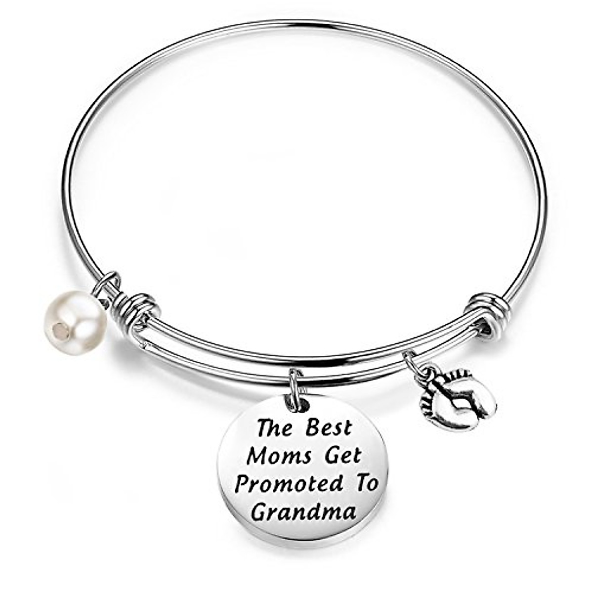 FEELMEM New Grandma Gift The Best Moms Get Promoted to Grandma Bangle Bracelet with Baby Footprint Charm (Silver)