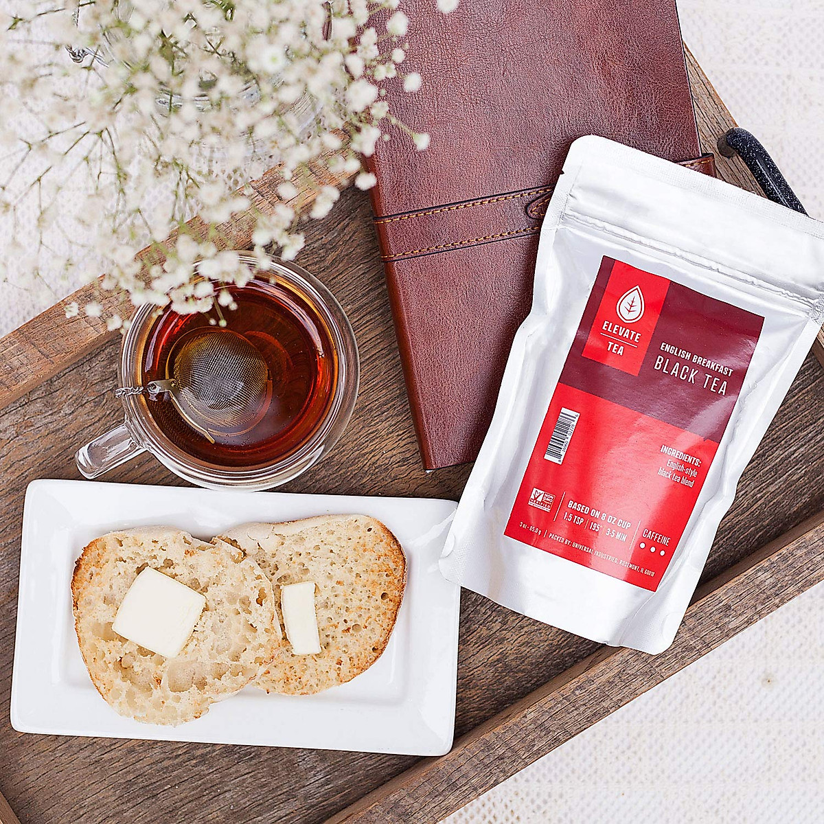 Elevate Tea ENGLISH BREAKFAST BLACK TEA, Loose Leaf Tea Blend, 30 servings, 3 Ounce Pouch, Caffeine Level: High, Single Unit, 3 Ounce (Pack of 1)