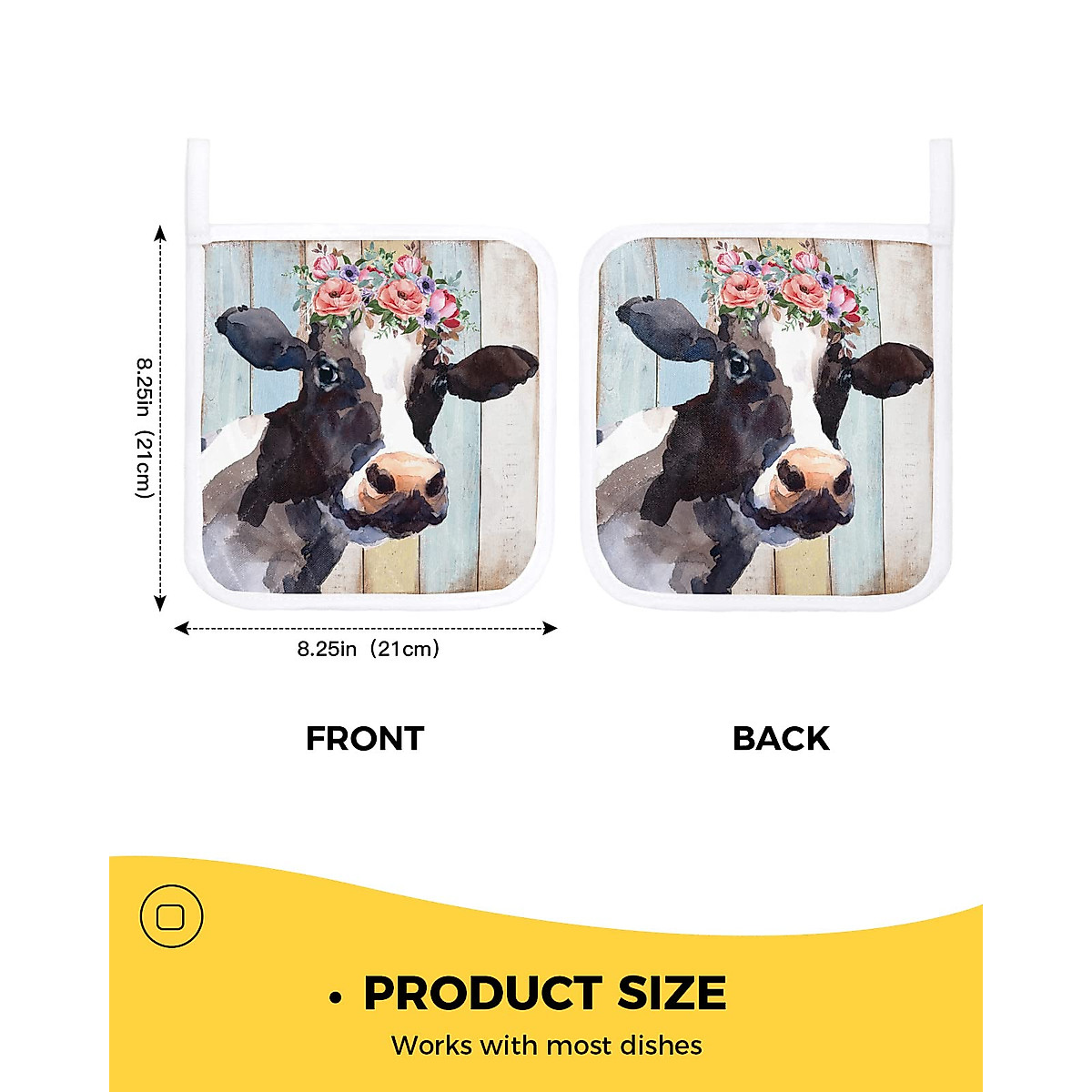Pot Holder Set of 4 Farm Animal Cute Cow with Flower Wreath Potholder Heat Proof Non-Slip Pot Holders,Farmhouse Vintage Wooden Board Hot Pads Potholders for Kitchen Cooking Baking BBQ