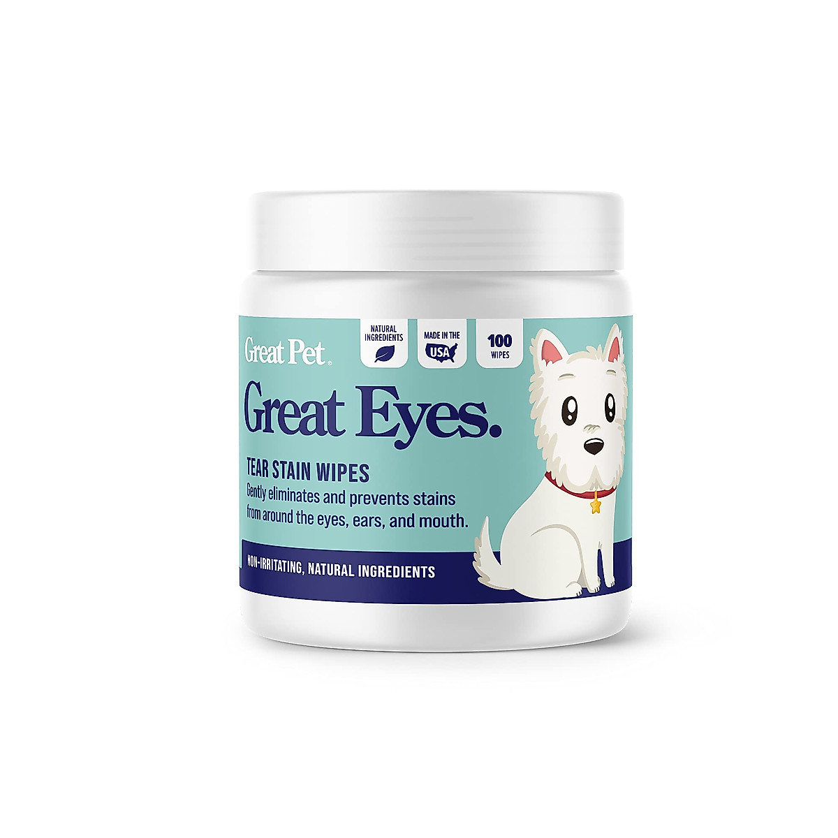 Great Pets - Great Eyes - Safe & Gentle Tear Stain Remover for Dogs - Natural Eye Wipes for Dogs - Made in The USA & Easy to Use Pre-Soaked Wipes - 100 Wipes