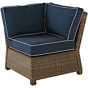 Crosley Furniture Bradenton Corner Outdoor Sectional Chair, Wicker Patio Chairs for Porch, Deck, Backyard, Brown with Navy Cushions
